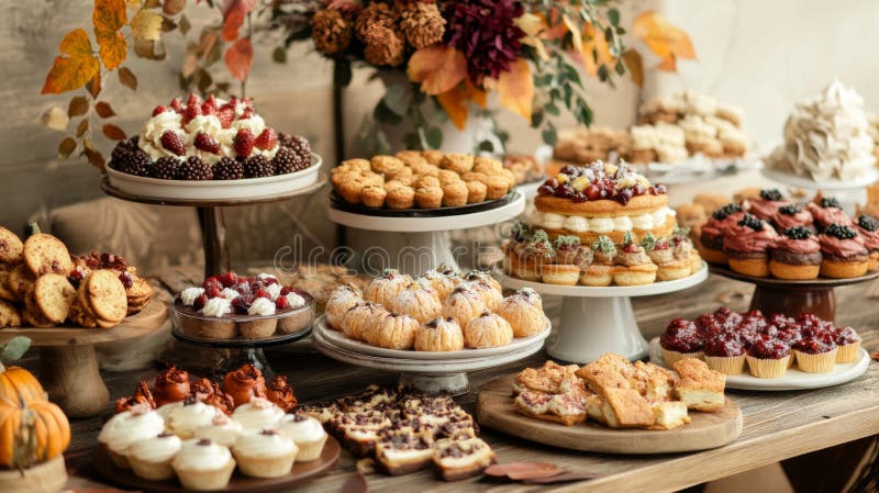 A Rustic Table Spread of Assorted Cakes, Cupcakes, and Pastries Stock ...