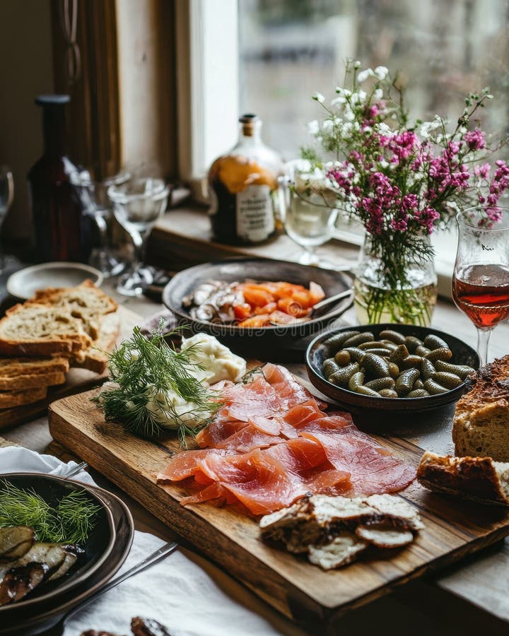 A Rustic Table Spread Featuring Cured Meats, Pickles, Bread, and ...