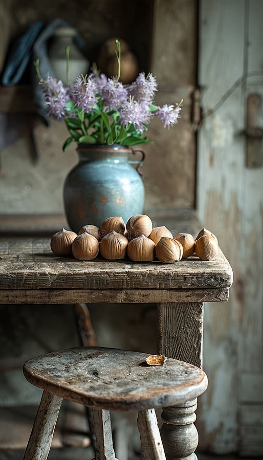 Rustic Table with Vibrant Flowers and Assorted Nuts in an Elegant Still ...