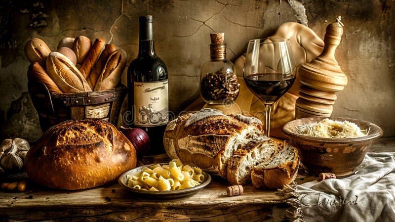 A Rustic Tabletop Arrangement Featuring Fresh Bread, Wine, and Cheese ...