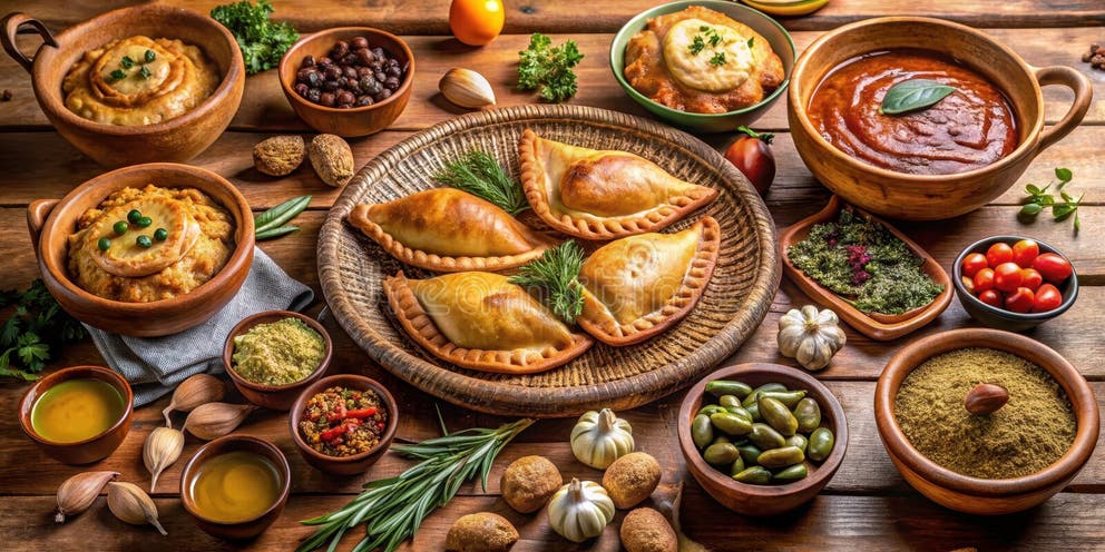 A Rustic Tabletop Featuring an Array of Savory Dishes and Aromatic ...