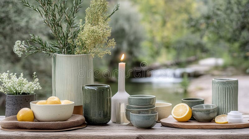 Rustic Tableware Arrangement with Lemons, Candles, and Flowers Outdoors ...
