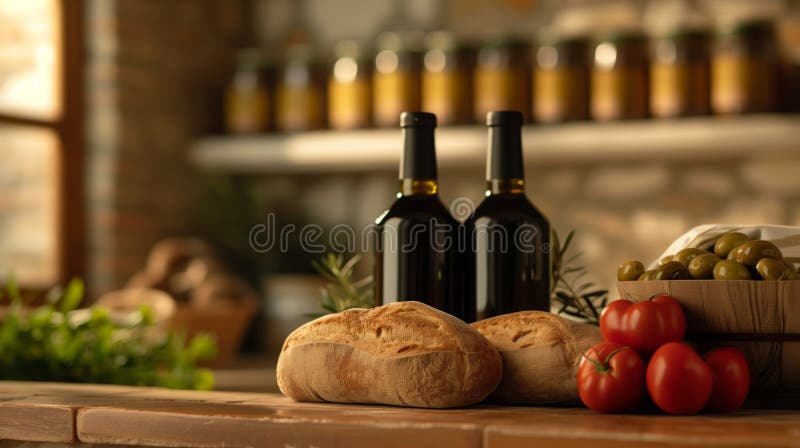 A Rustic Tasting Table with Fresh Bread, Vegetables, and Bottles of ...