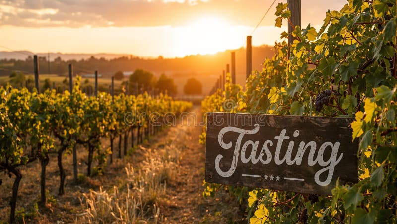 Rustic Tasting Vineyard Sign Amid Golden Sunset and Grapevines Stock ...