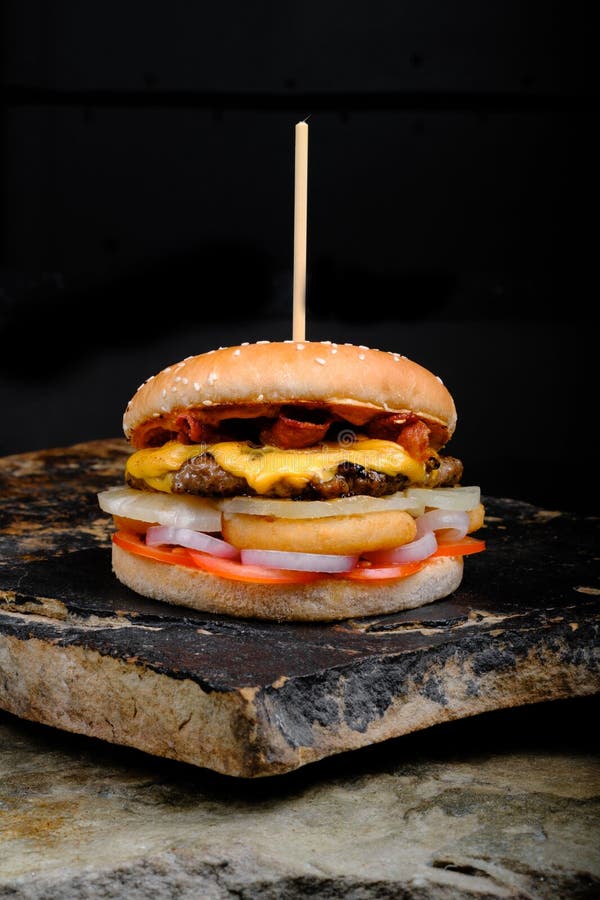 Rustic Tasty Burger on Stone Background Stock Image - Image of texture ...