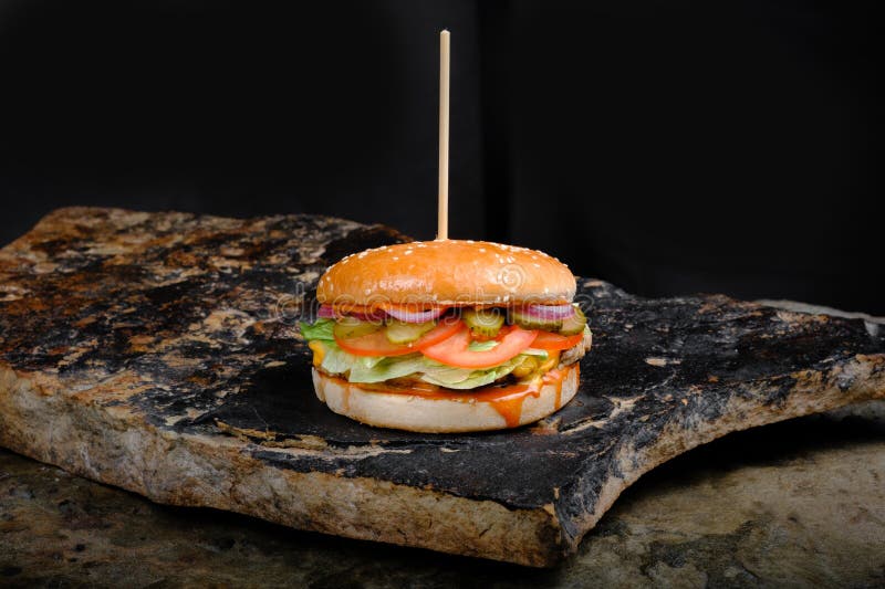 Rustic Tasty Burger on Stone Background Stock Photo - Image of sandwich ...