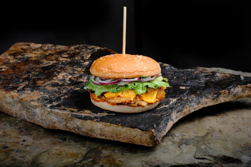 Rustic Tasty Burger on Stone Background Stock Photo - Image of burger ...
