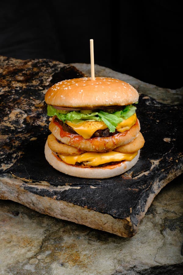 Rustic Tasty Burger on Stone Background Stock Image - Image of lettuce ...