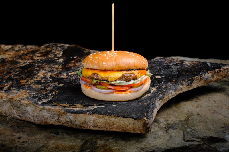Rustic Tasty Burger on Stone Background Stock Image - Image of ...