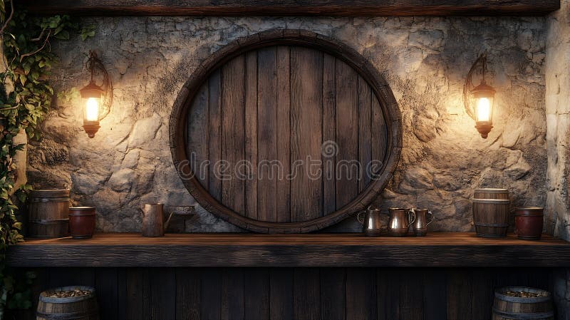 Rustic Tavern Interior Featuring Aged Wood, Stone Textures, and Warm ...