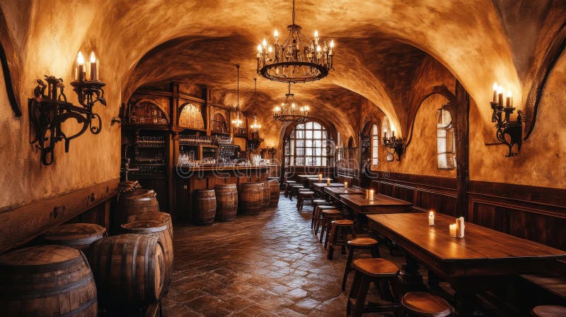 Rustic Tavern Interior with Wooden Barrels and Candlelit Tables in Warm ...