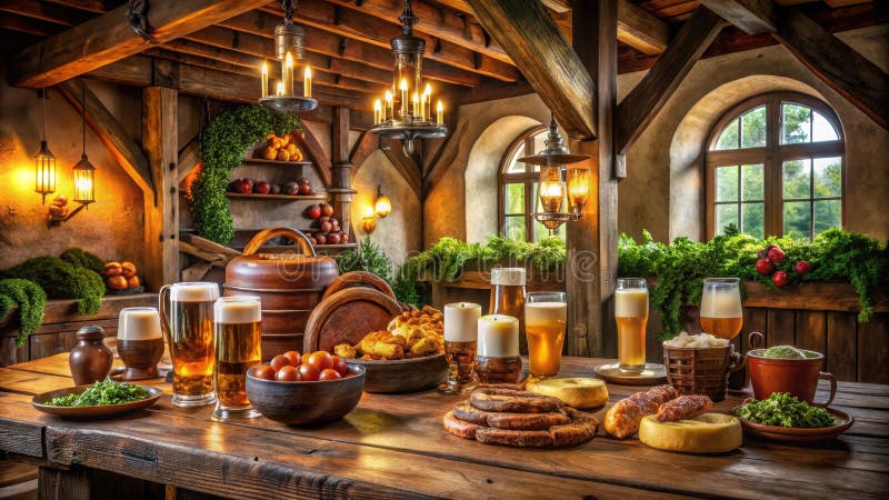 Rustic Tavern Setting with Wooden Table, Illuminated by Warm ...