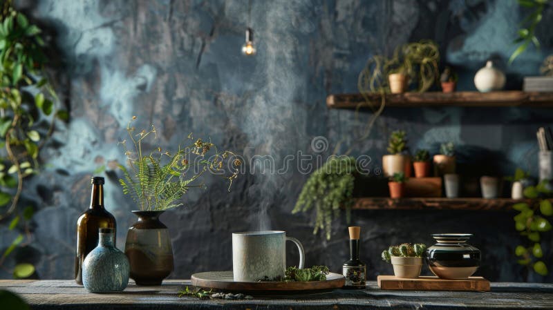 Rustic Tea Arrangement with Potted Plants in Moody Setting Stock Image ...