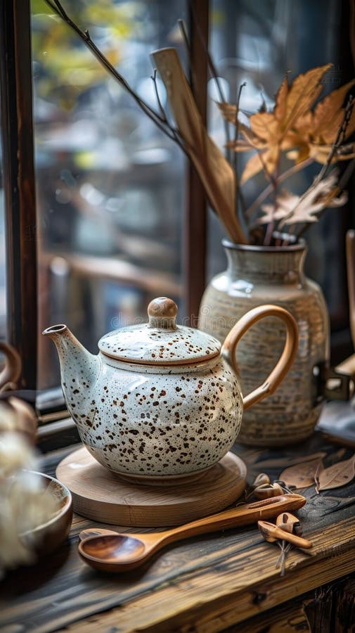A Rustic Tea Pot and Wooden Utensils Arranged Elegantly on a Cozy ...
