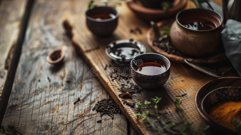 Rustic Tea Set with Tea Leaves on a Wooden Table Stock Image - Image of ...