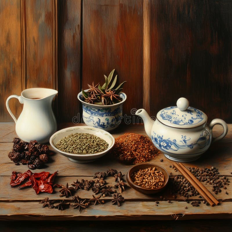 Rustic Tea Set with Spices and Grains on Wooden Table for Cozy ...