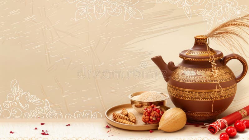 Rustic Tea Set with Traditional Snacks and Wheat Decorations on Ornate ...