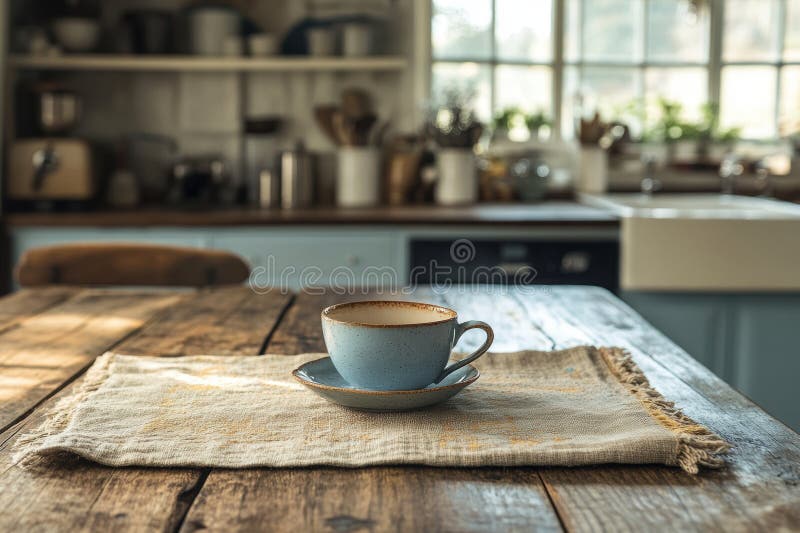 Rustic Tea Setting, a Stylish Teacup Sits Alone on a Rustic Runner in a ...