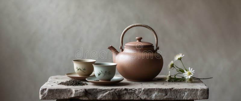 Rustic Tea Setup with a Clay Teapot and Traditional Cups Stock Photo ...