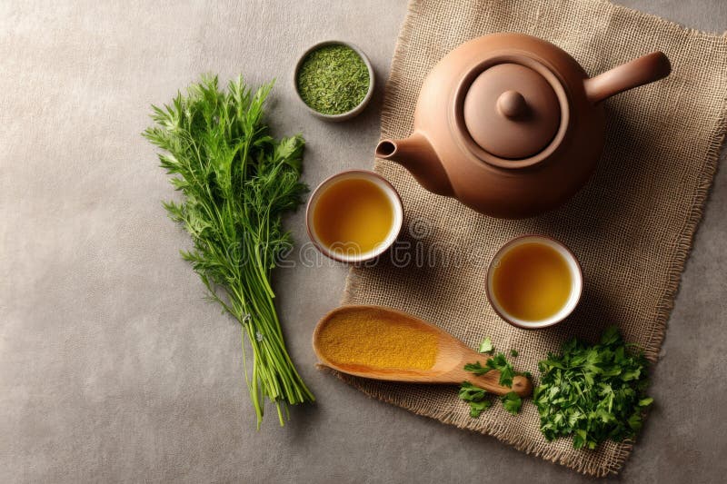 Rustic Tea Setup Featuring Clay Teapot and Fresh Herbs on Burlap for a ...
