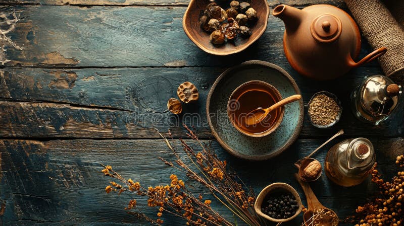 Rustic Tea Setup with Herbs and Ceramic Teapot Stock Image - Image of ...