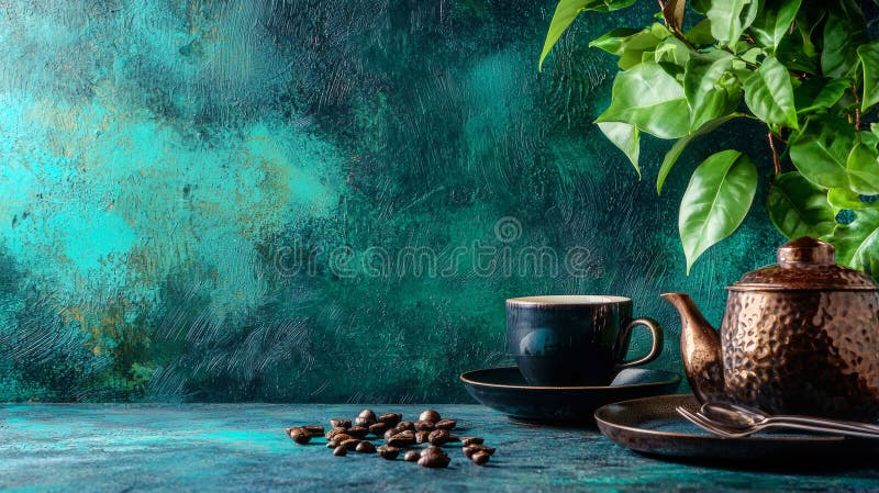 Rustic Tea Setup with a Teapot and Coffee Beans Against a Textured ...