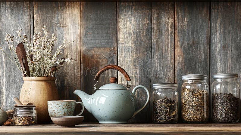 A Rustic Tea Station with a Ceramic Teapot, Mugs, and Jars of Loose ...