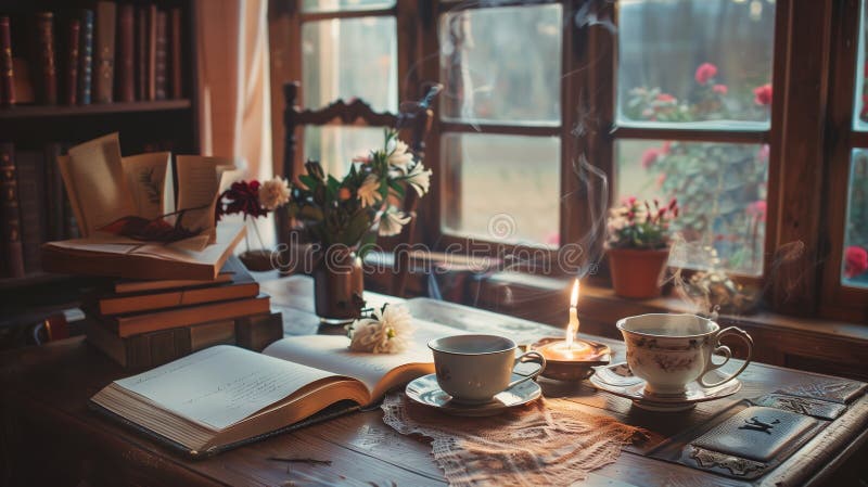 Rustic Tea and Writing Haven Stock Photo - Image of teapot, text: 327593190