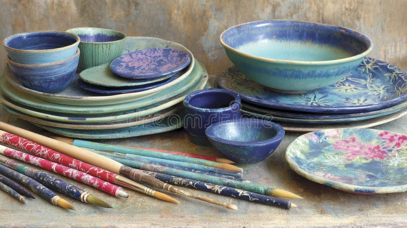 Rustic Teal and Blue Pottery Collection with Decorating Brushes Stock ...