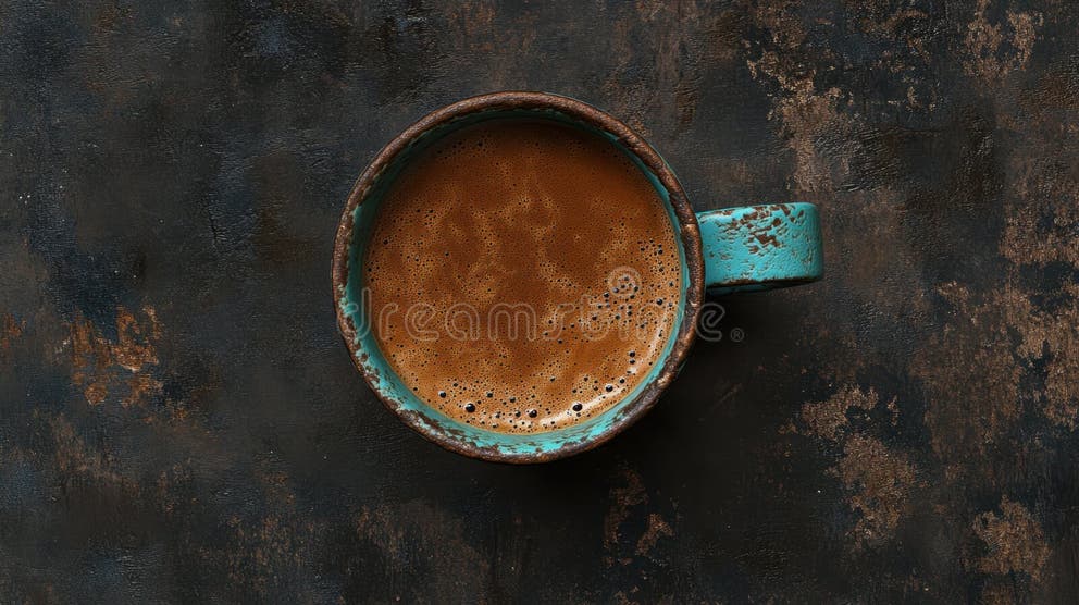 Rustic Teal Coffee Mug Filled with Rich Brown Coffee on a Textured Dark ...