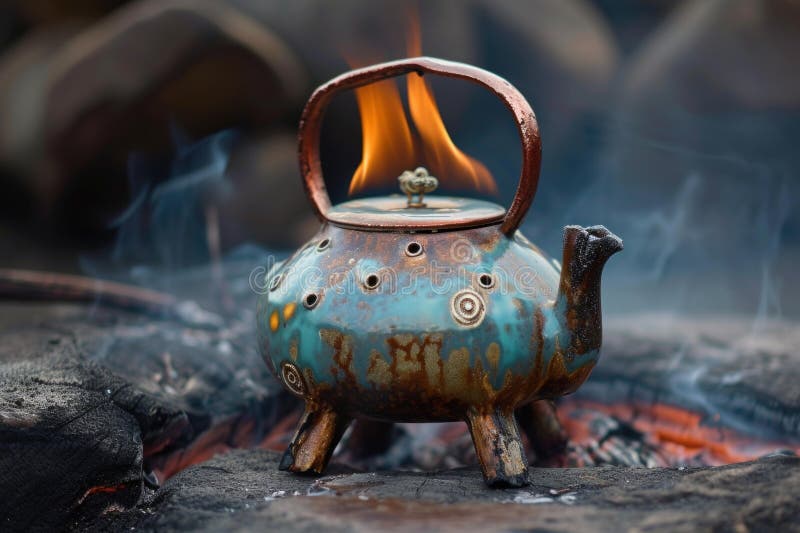 Rustic teapot on open fire stock photo. Image of kettle - 326352870