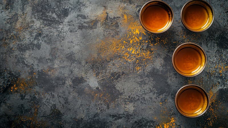 Rustic Textured Background with Four Cups of Amber Tea Stock Photo ...