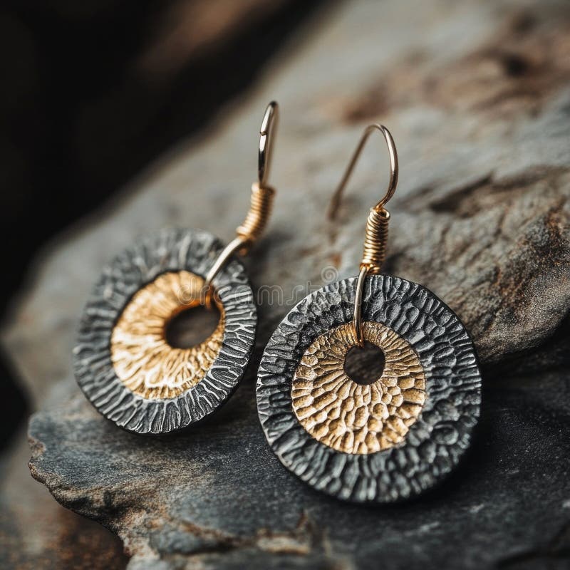 Rustic Textured Metal Earrings with Unique Circular Design on Natural ...