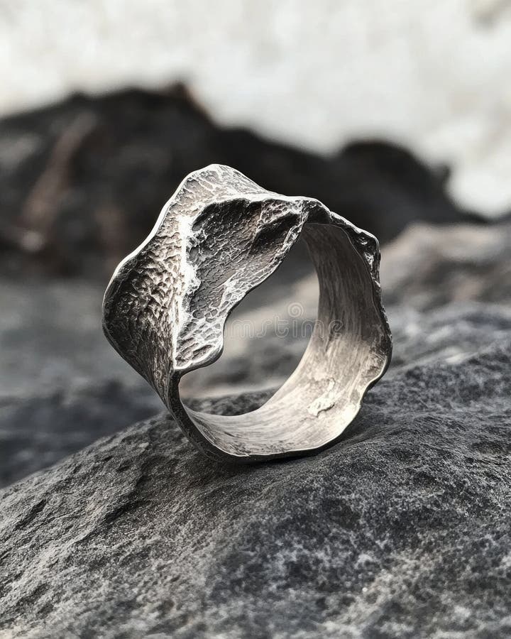 Rustic Textured Silver Ring on Stone Surface with Organic Design Stock Photo - Image of ...