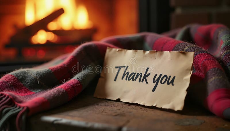 Rustic Thank You Card on Cozy Blanket by Fireplace, Represents ...
