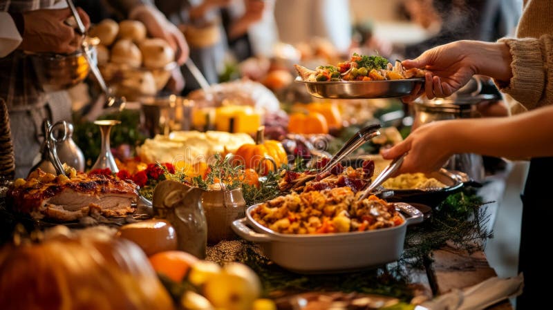 A Rustic Thanksgiving Feast with Hands Reaching for Food Stock ...