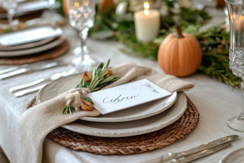 Rustic Thanksgiving Table Setting with Place Card and Greenery Stock ...