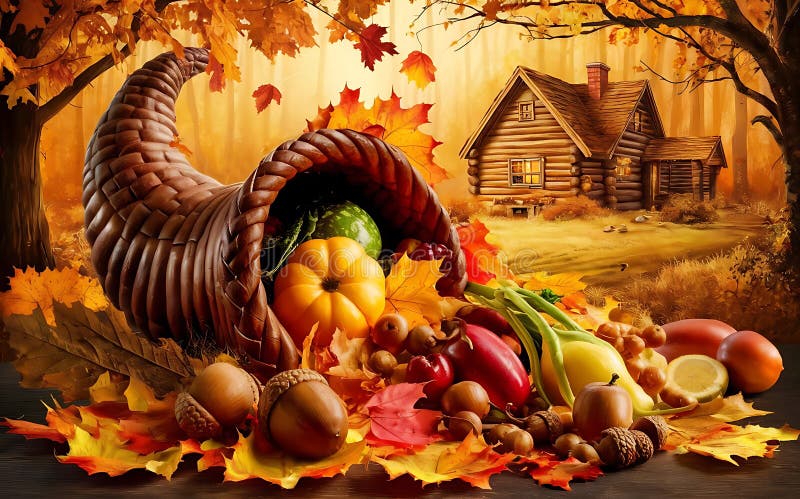 Rustic Thanksgiving Wallpaper with Cornucopia and Fall Leaves Stock ...