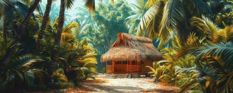 Rustic Thatch Hut Nestled in Lush Tropical Jungle Stock Illustration ...