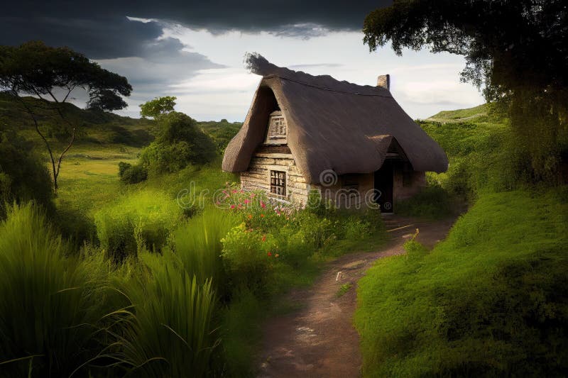 Rustic Thatched Cottage Surrounded by Lush Greenery on Rolling Hills ...