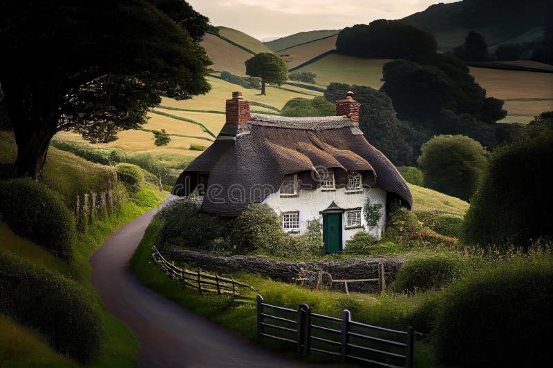 Rustic Thatched Cottage Surrounded by Lush Greenery on Rolling Hills ...