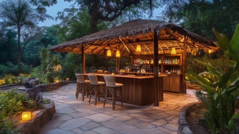Rustic Thatched Outdoor Bar at Night in Tropical Setting Stock ...
