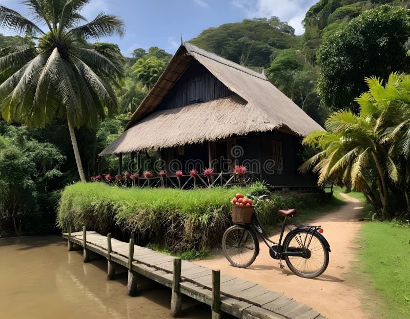 Rustic Thatched-Roof House with Bicycle by the Riverside Stock Photo ...