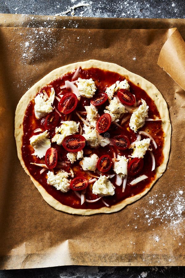 Rustic Thin Crust Pizza with Cherry Tomatoes and Mozzarella Being Made ...