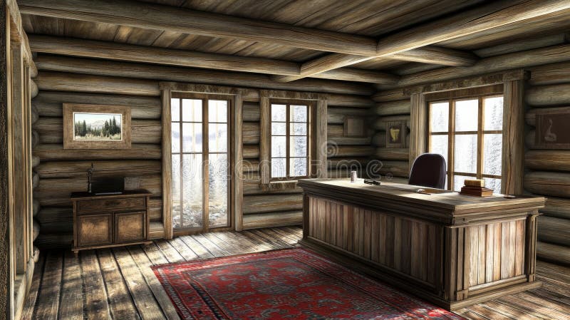 Rustic Timber Cabin Study with Vintage Desk and Floor Covering Stock ...