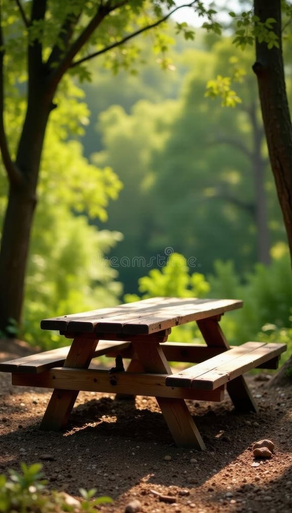 Rustic Timber Picnic Table, Native Bush Backdrop, Sunny, Tranquil ...