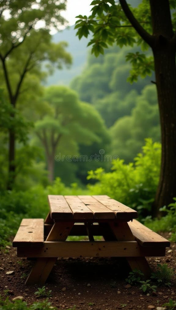 Rustic Timber Picnic Table, Native Bush Backdrop, Trees, Peaceful Stock ...
