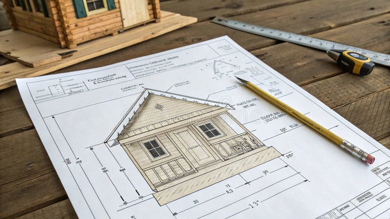 Rustic Tiny Cabin Architectural Blueprint Stock Illustration ...