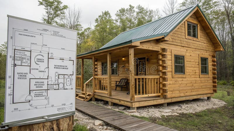 Rustic Tiny Cabin Architectural Blueprint Stock Illustration ...