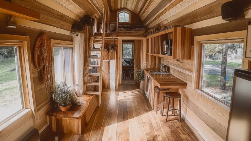Rustic Tiny Home Interior Natural Wood, Functional Kitchen, Cozy Loft ...